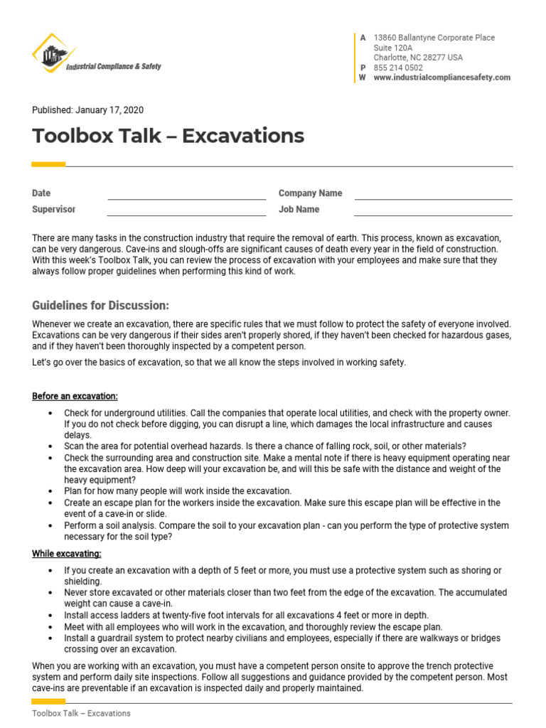 Toolbox Talk - Excavations 1 | PDF | Occupational Safety And Health ...