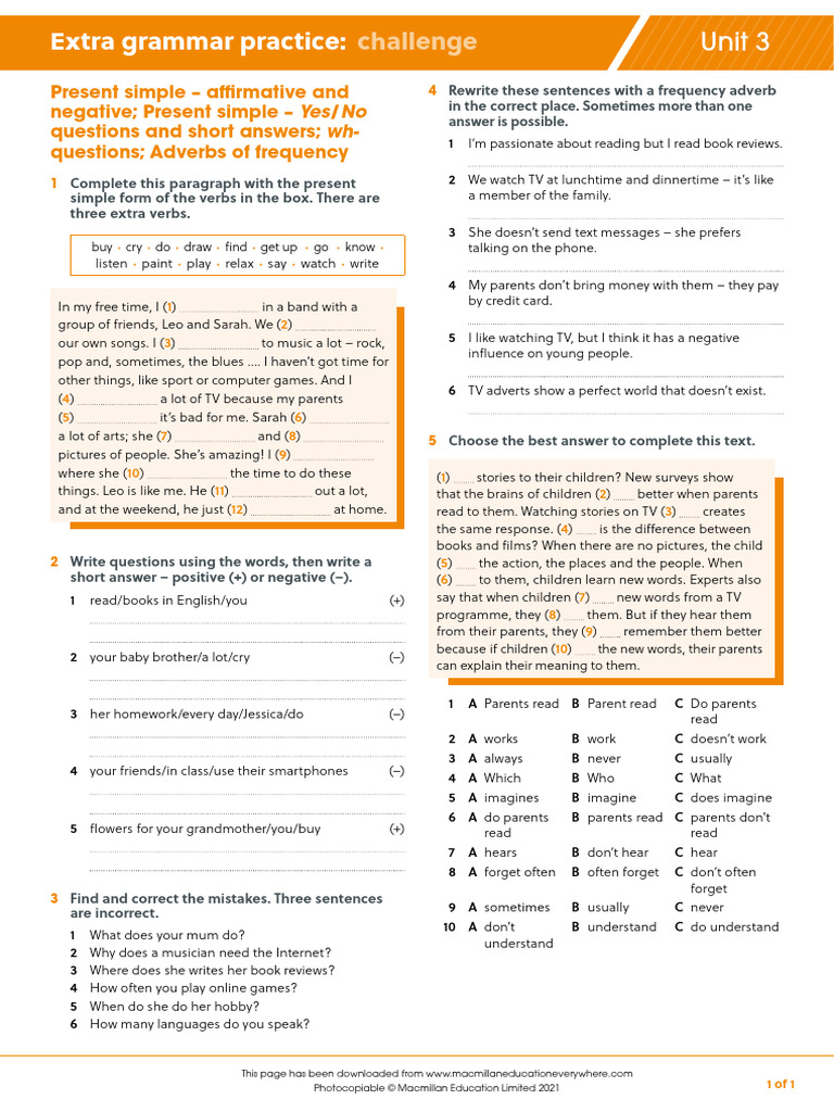 A1PLUS U3 Extra Grammar Practice Challenge | PDF | Human Communication | Grammar