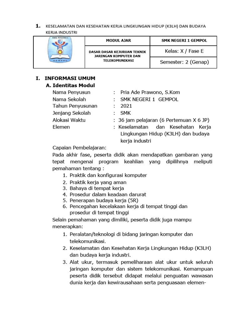 Modul Keselamatan Dan Kesehatan Kerja Lingkungan Hidup - K3 | PDF