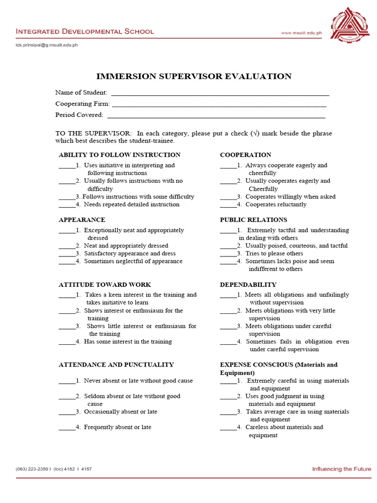 Immersion Supervisor Evaluation Form Program Waiver | PDF