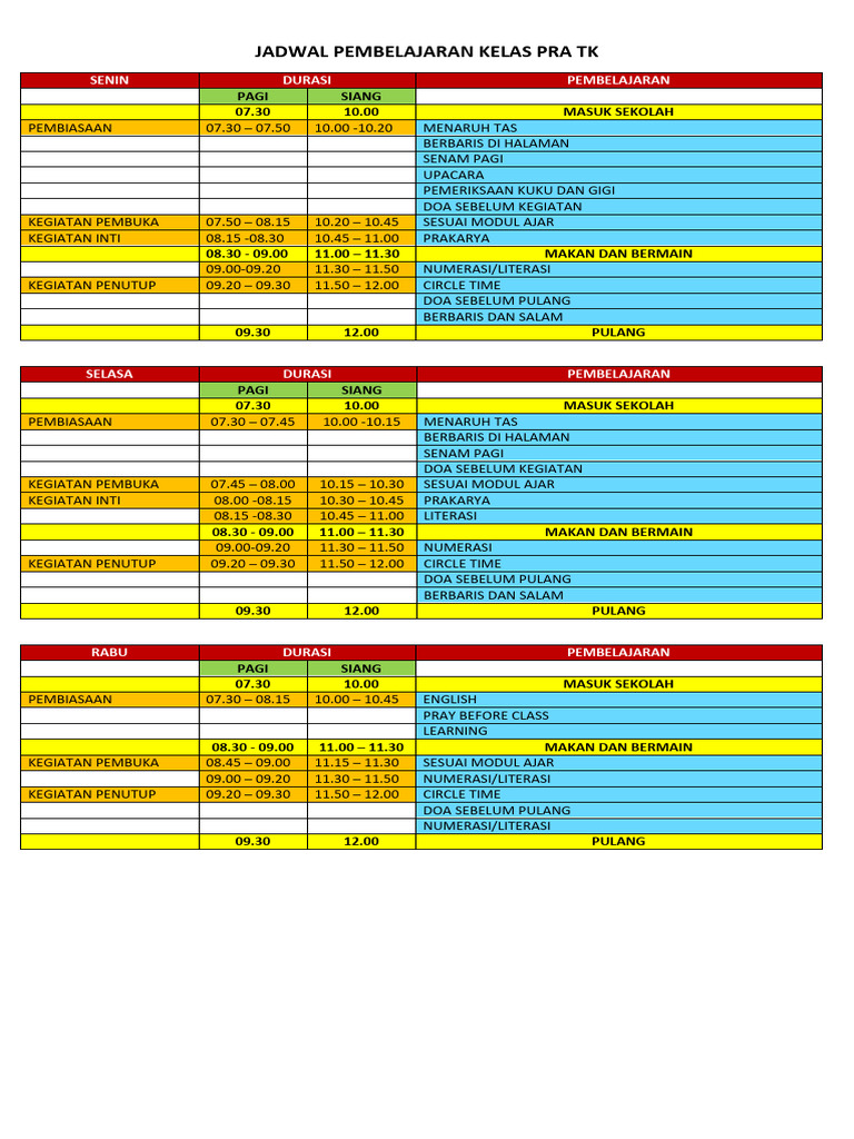 Jadwal Pembelajaran Kelas Pra TK | PDF