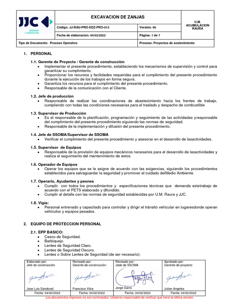 JJ-RAU-PRO-EDZ-PRO-013 - Excavacion de Zanjas | PDF