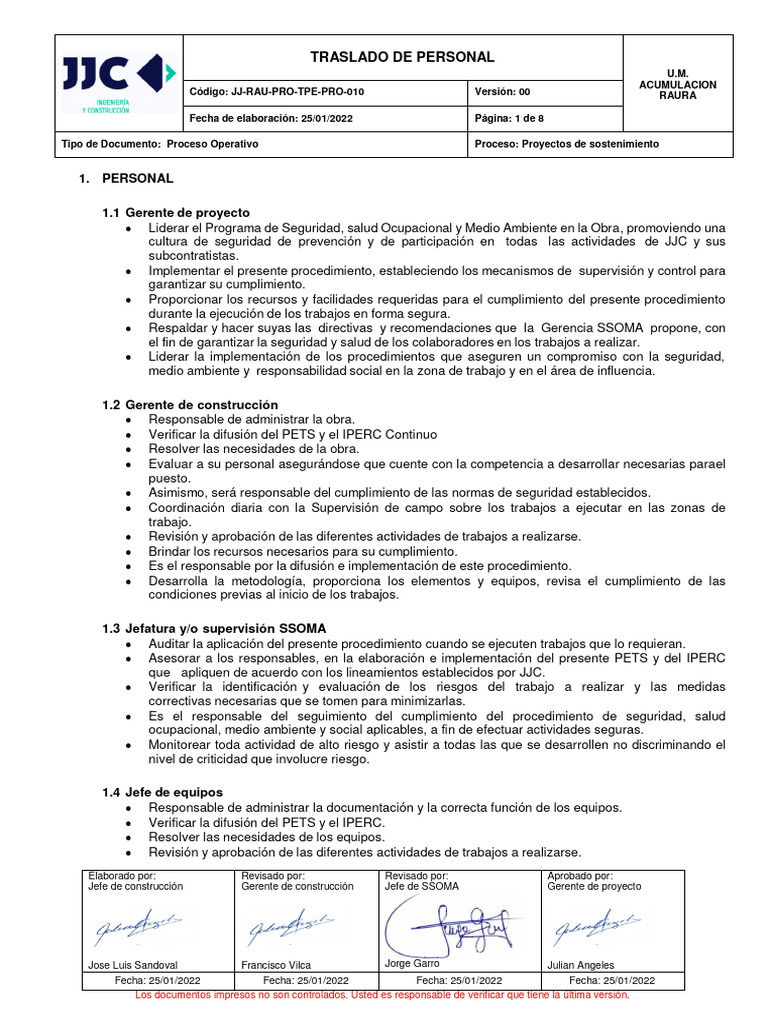 JJ-RAU-PRO-TPE-PRO-010 - Traslado de Personal | PDF | Transporte