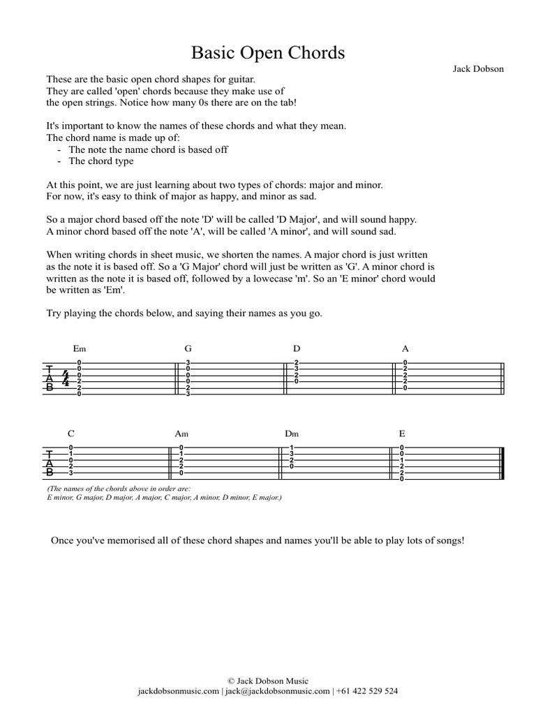 GuitarLesson BasicOpenChords JDobson | PDF | Chord (Music) | Necked Lutes