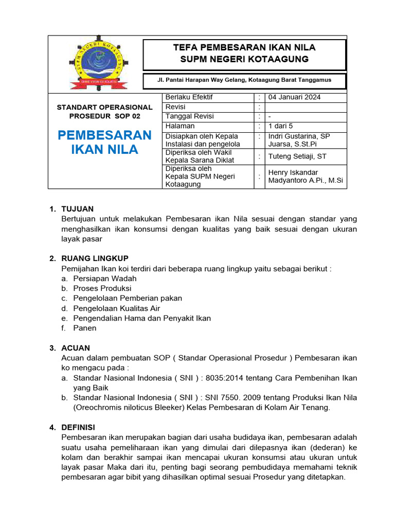 SOP Pembesaran Nila | PDF