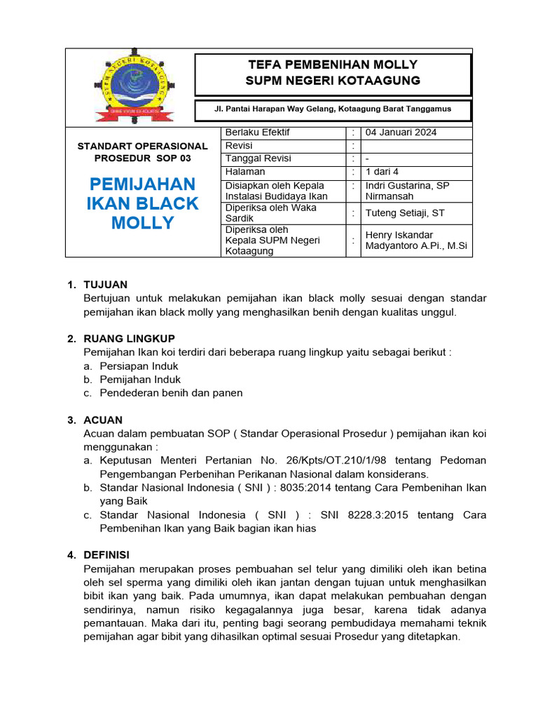 SOP Pemijahan Black Molly | PDF