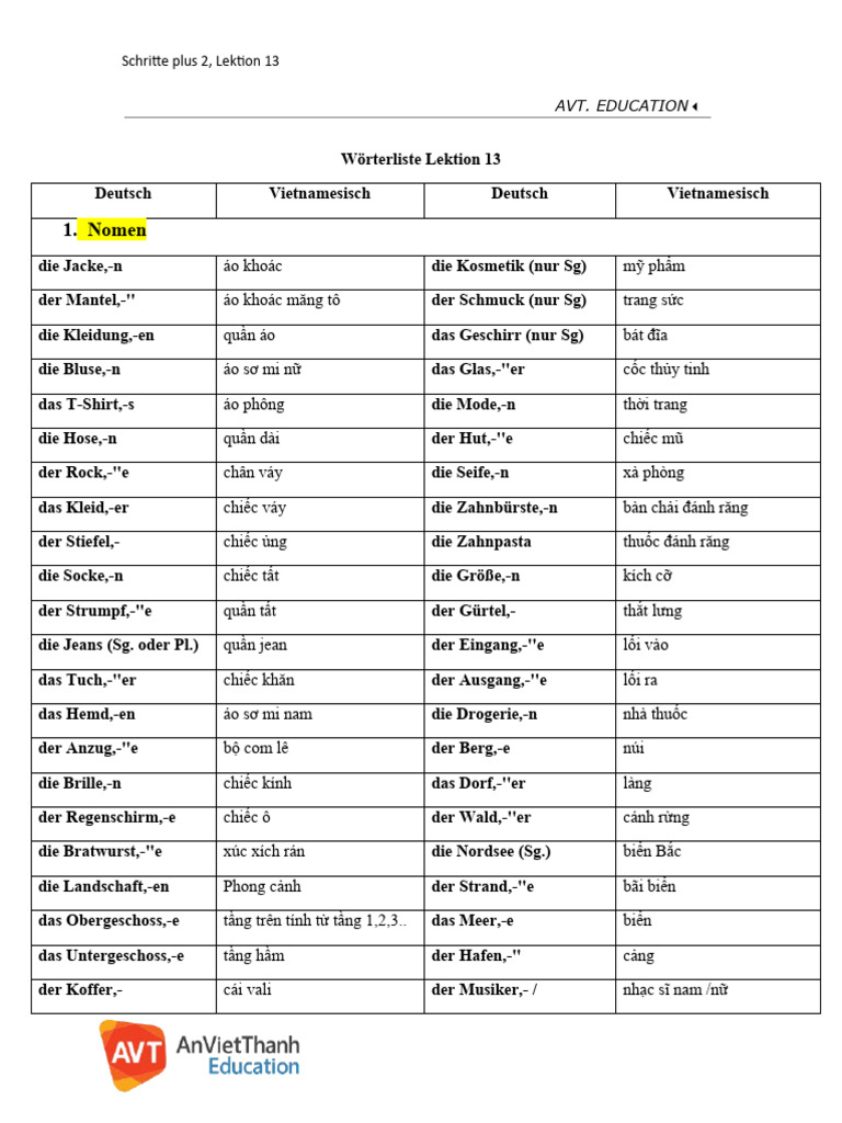 Schritte PN2, Lektion 13, Wörterliste | PDF