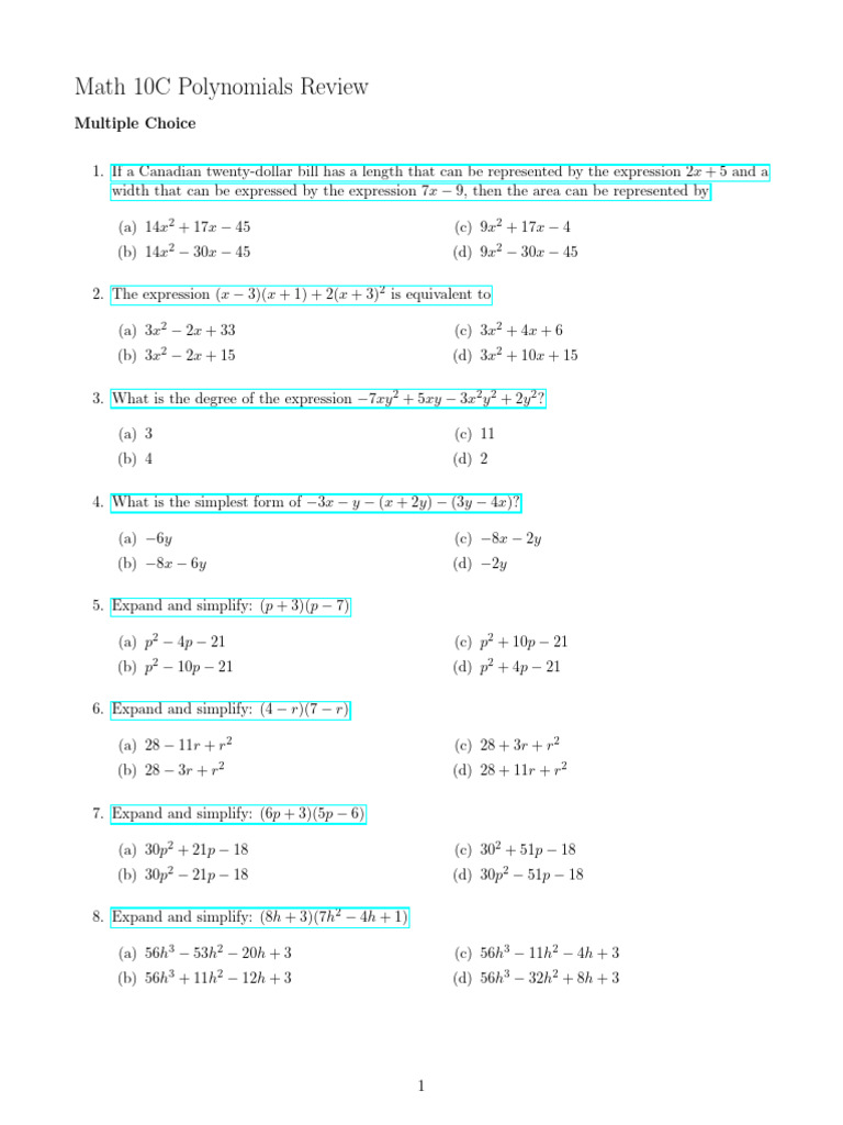 Math 10C Polynomials and Factoring Review JK | PDF | Geometry ...