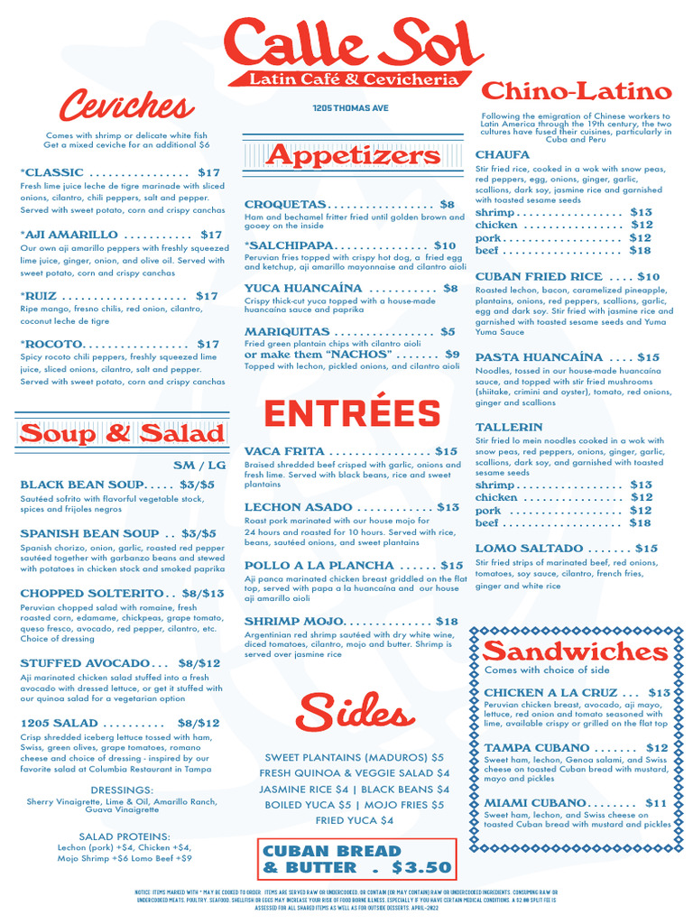 Calle Sol Dinner Menu April 2022 | PDF | Asian Cuisine | Food Ingredients