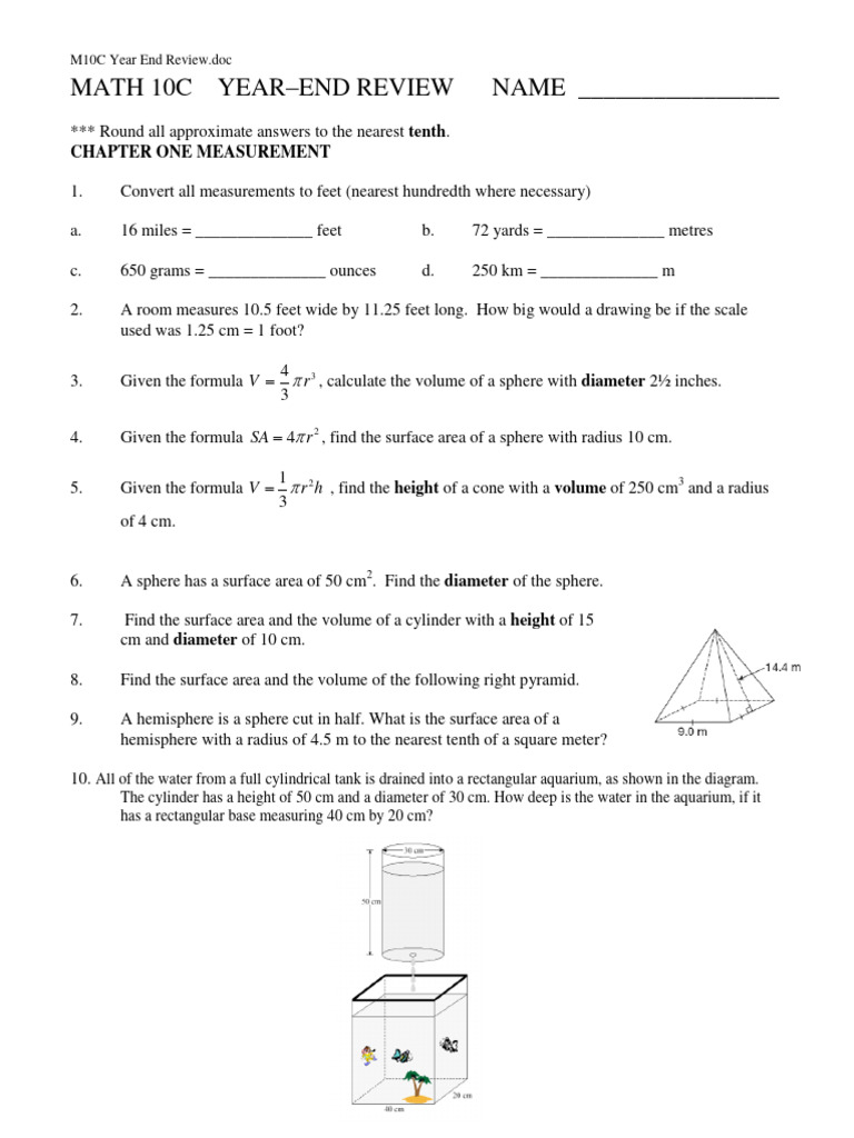 Math 10C Year End Review | PDF | Area | Sphere