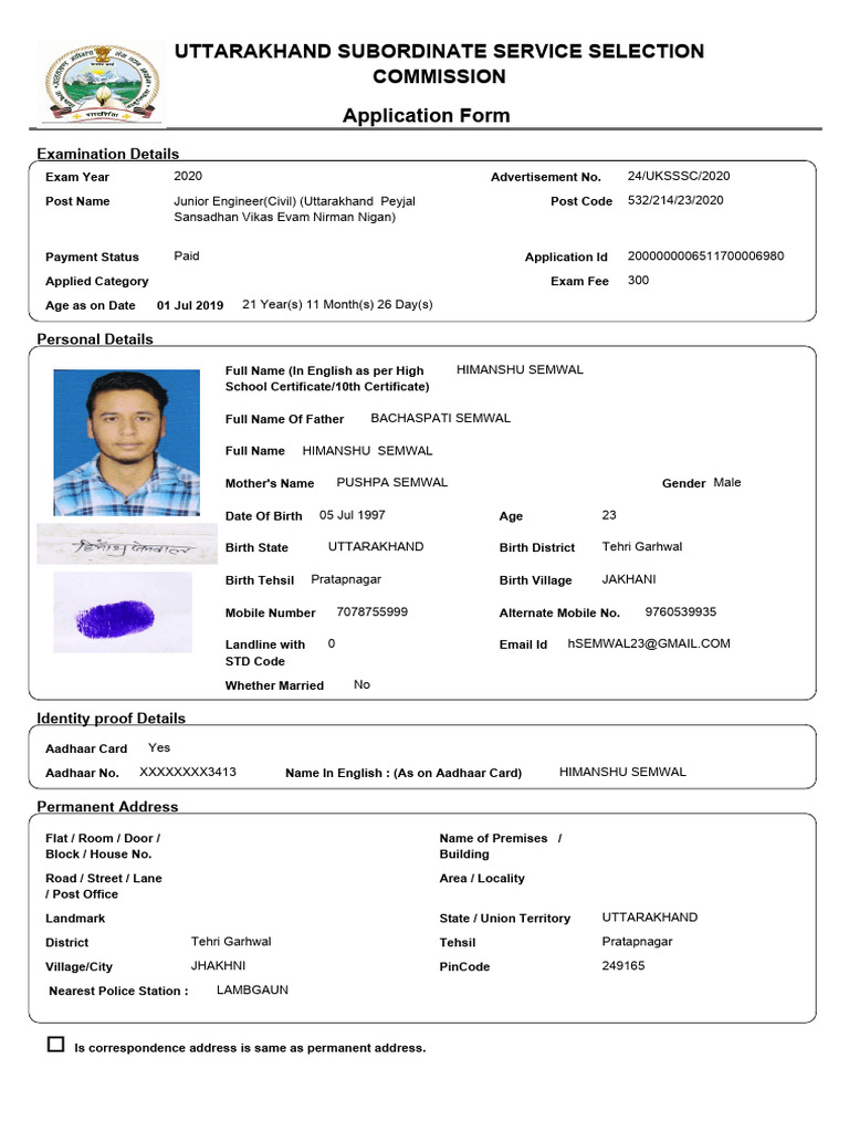 Uttarakhand Subordinate Service Selection Commission Application Form | PDF