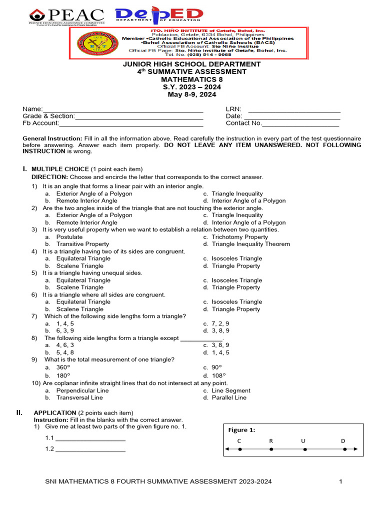 Q4 - MATH 8 QUESTIONNAIRE | PDF | Triangle | Angle