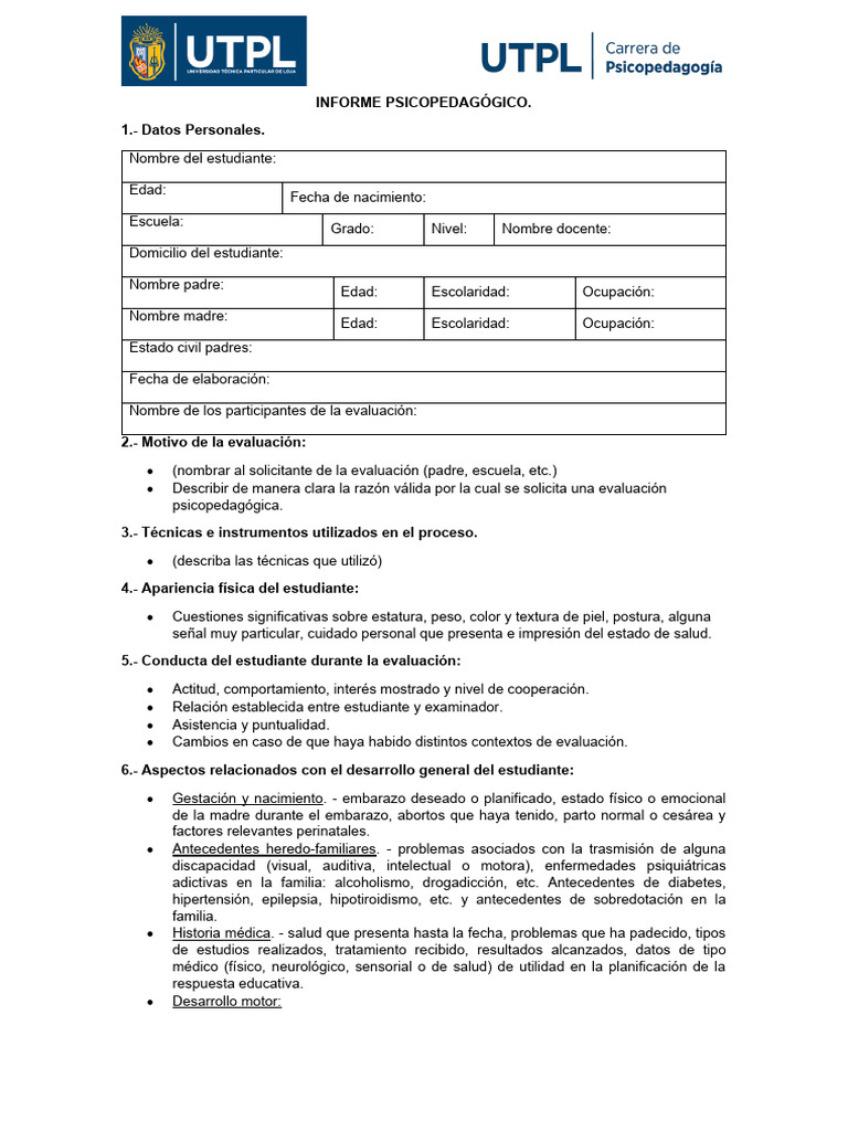 Formato+de++informe+psicopedagógico | PDF | Aprendizaje | Plan de estudios