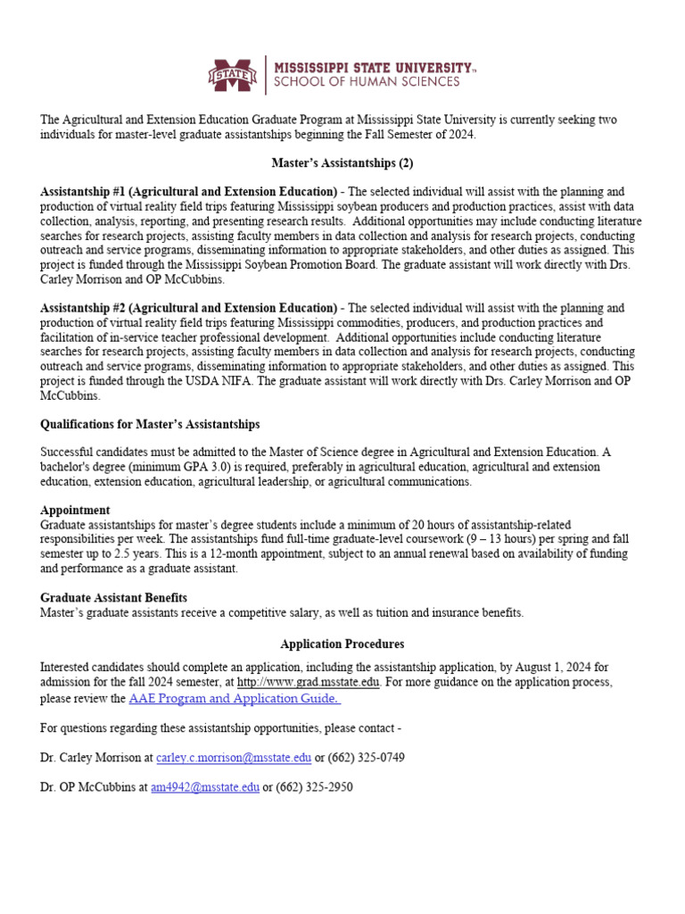 Assistantship Positions MSU 2024 - Final | PDF | Doctor Of Philosophy | Master's Degree