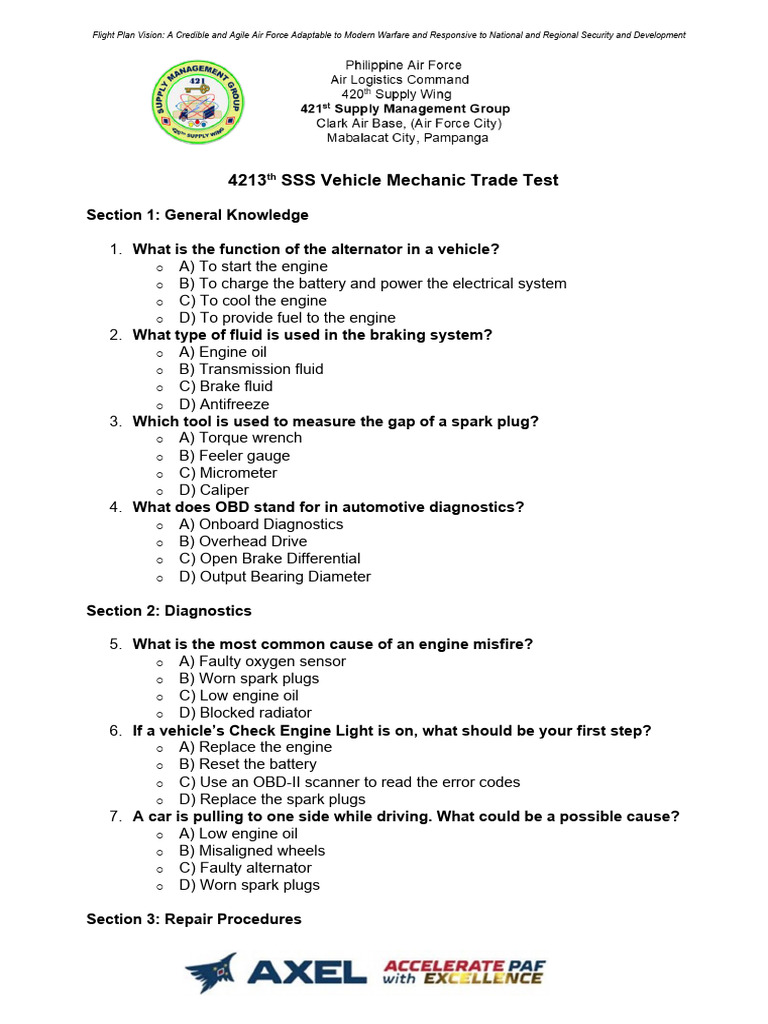 Vehicle Mechanic Trade Test Questions | PDF | Engines | Brake