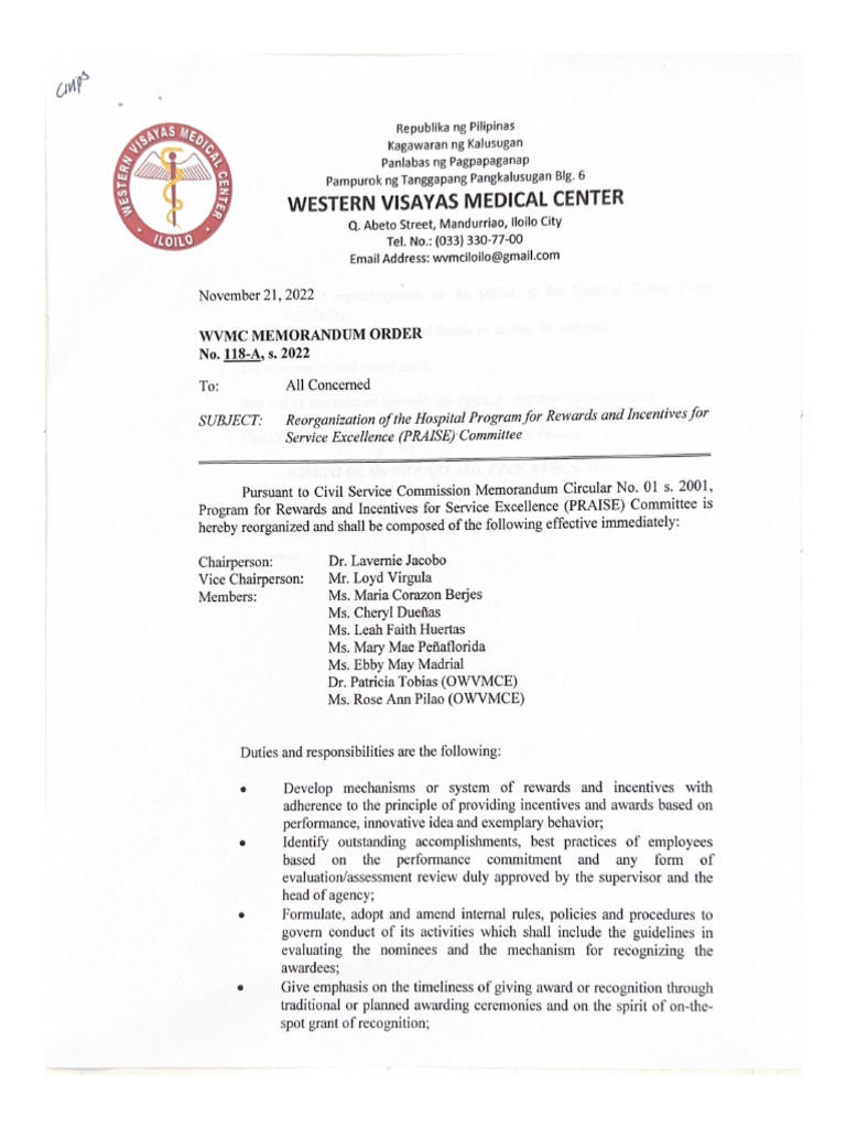 MO 118A - Reorganization of The Hospital Program For Rewards and ...