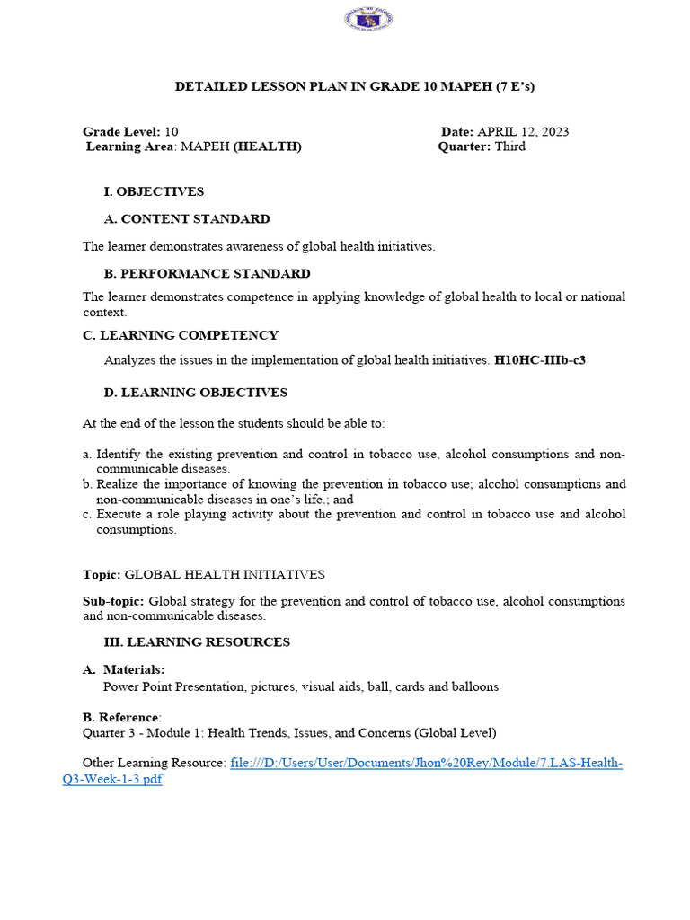 Final Detailed Lesson Plan in Grade 10 Mapeh | PDF | Cigarette ...