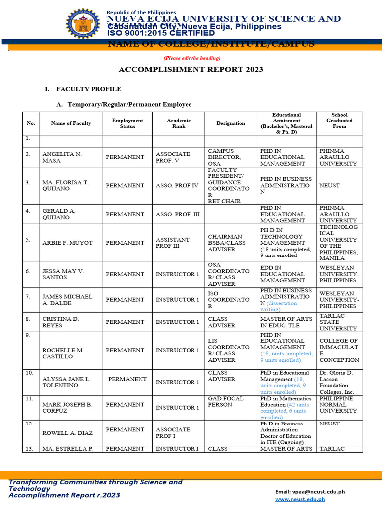 FMC Accomplishment Report June August 2023 | PDF | Academia | Qualifications