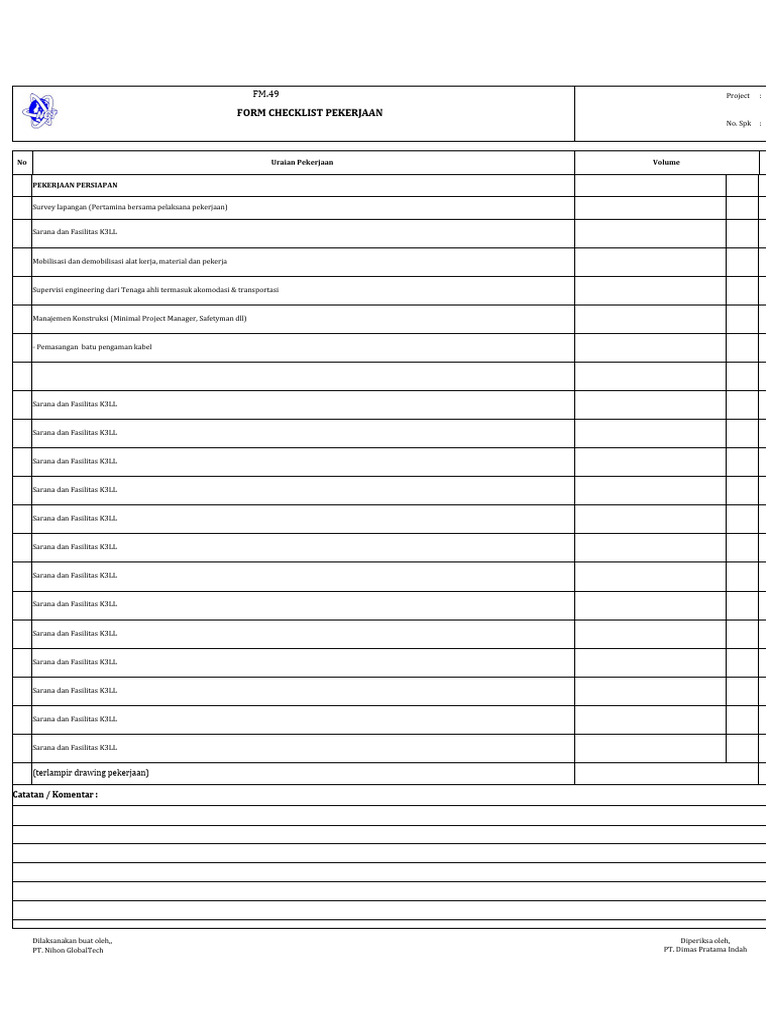 Form Checklist Pekerjaan - PT - Gisi Engineering Batam 1 | PDF