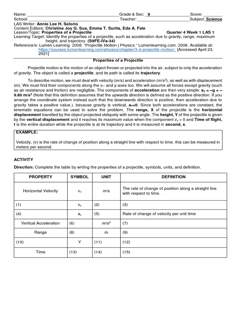 Science 9 Quarter 4 W1 Las 1 | PDF | Physical Phenomena | Mechanics
