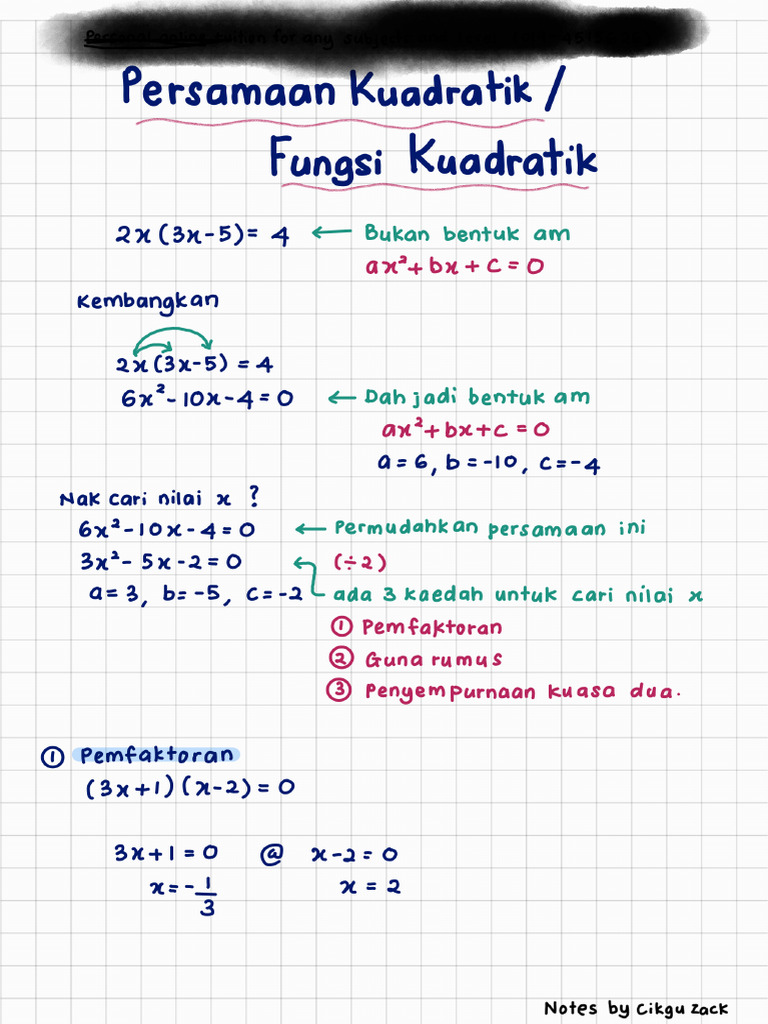 Notes Ringkas Fungsi Kuadratik | PDF