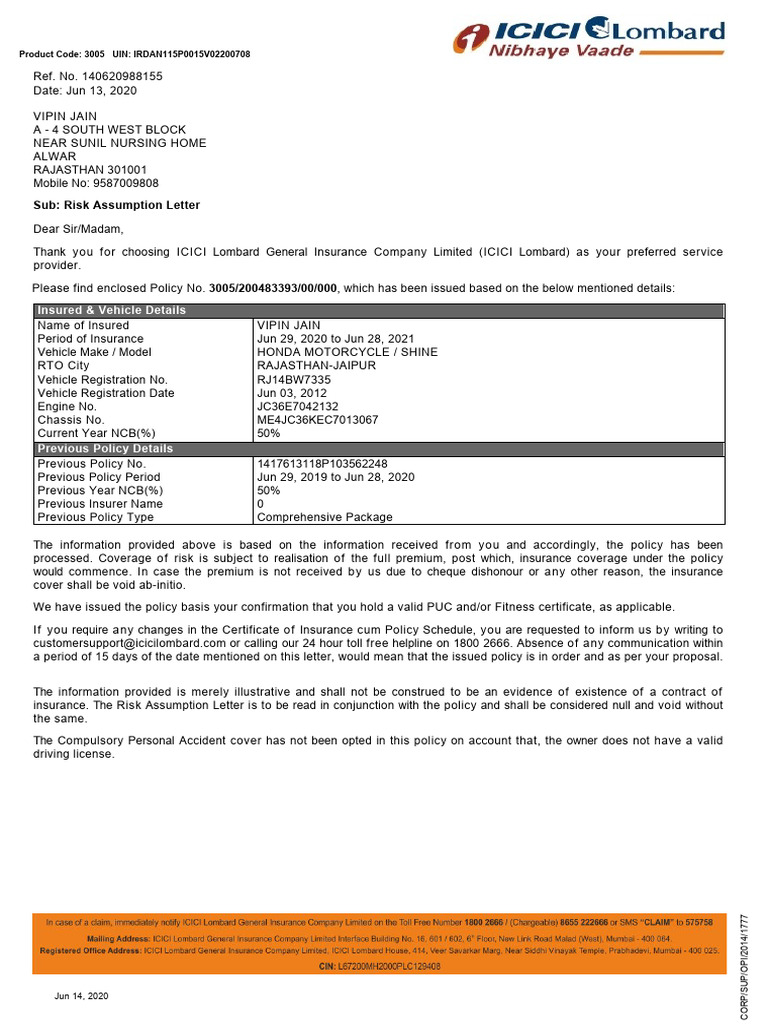 Two Wheeler Insurance Certificate 2020-2021 | PDF | Insurance | Driver ...