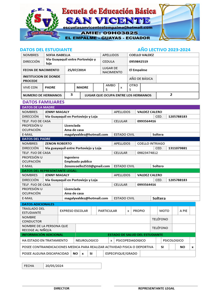 Ficha Matricula 2019 Pdf