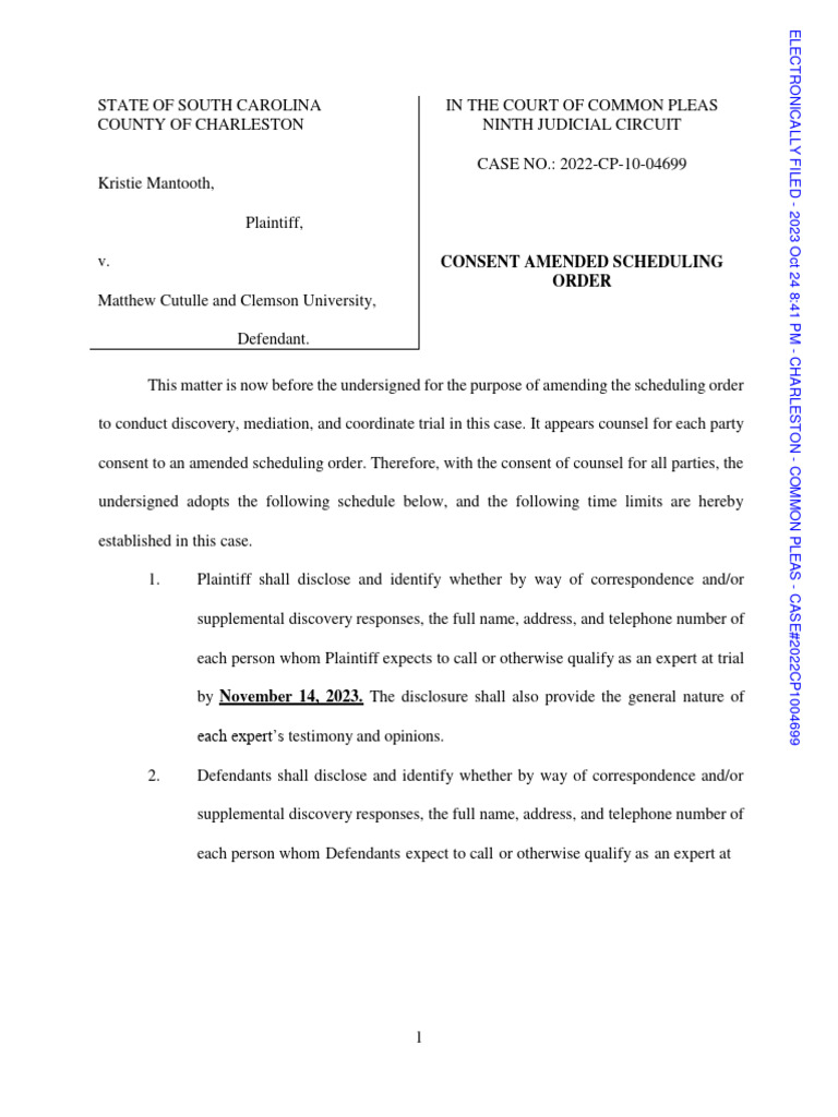 Amended Scheduling Order for Mantooth Case | PDF | Discovery (Law ...