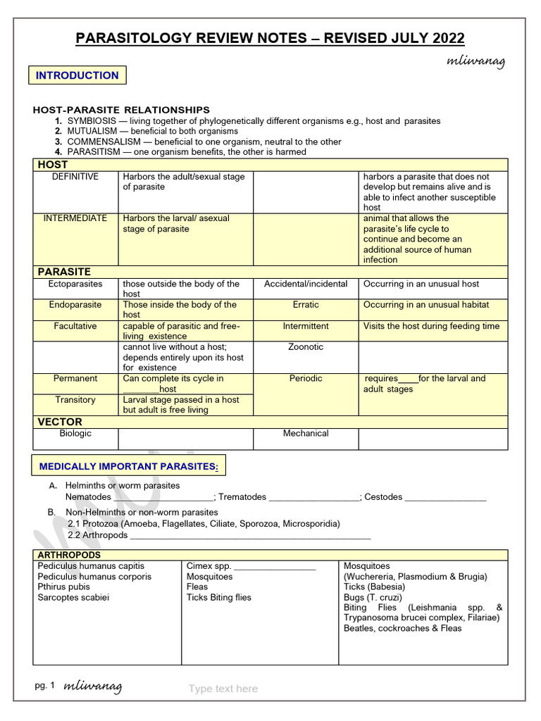Parasitology Review Notes Summary | PDF | Parasitism | Plasmodium ...