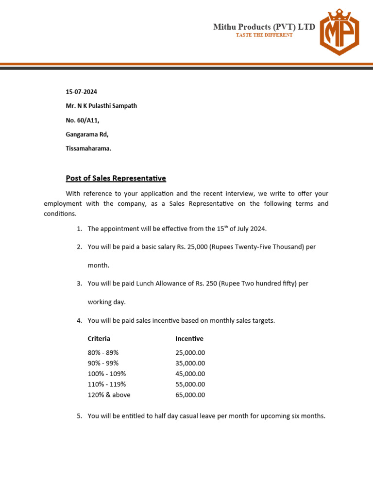 Offer Letter - Sales Representative | PDF | Business | Private Law
