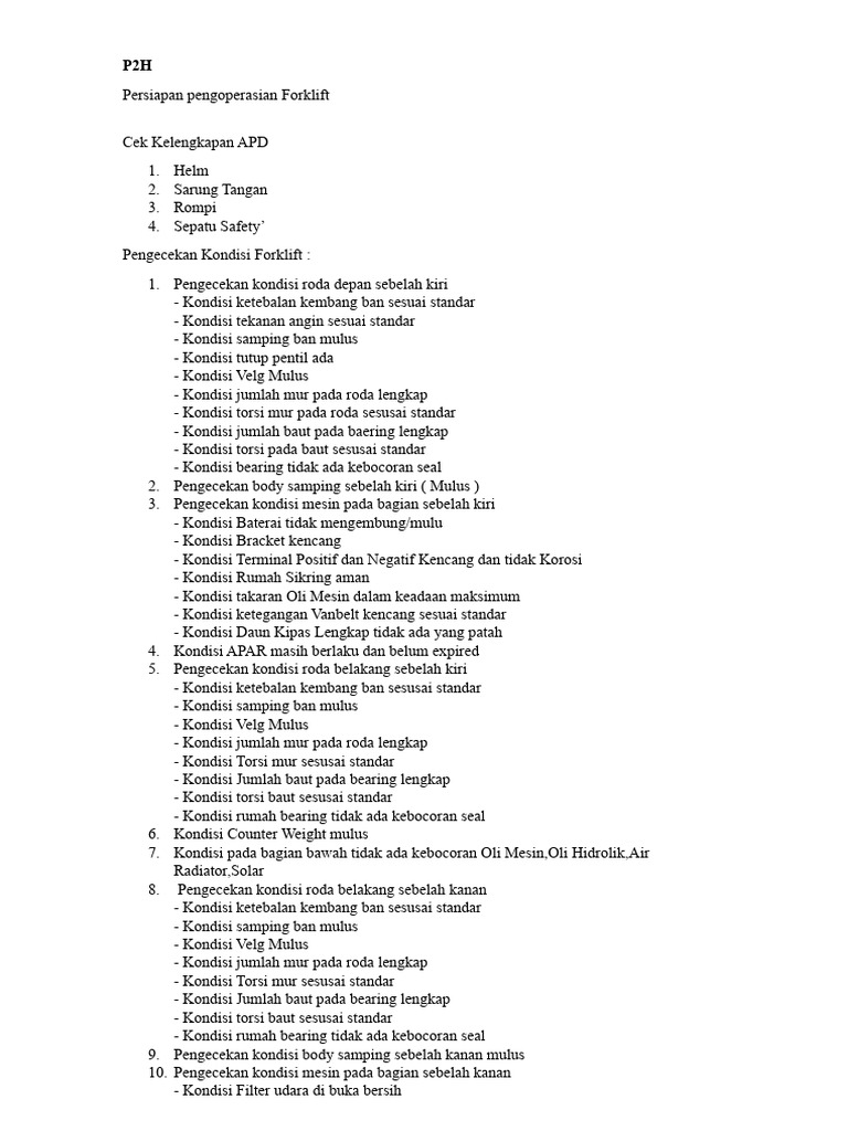 Pengenalan P2H Operator Forklift 2024 | PDF | Teknologi & Rekayasa