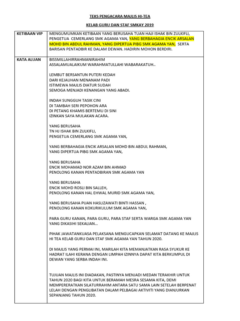 Teks Pengacara Majlis Hi Tea 2020 | PDF