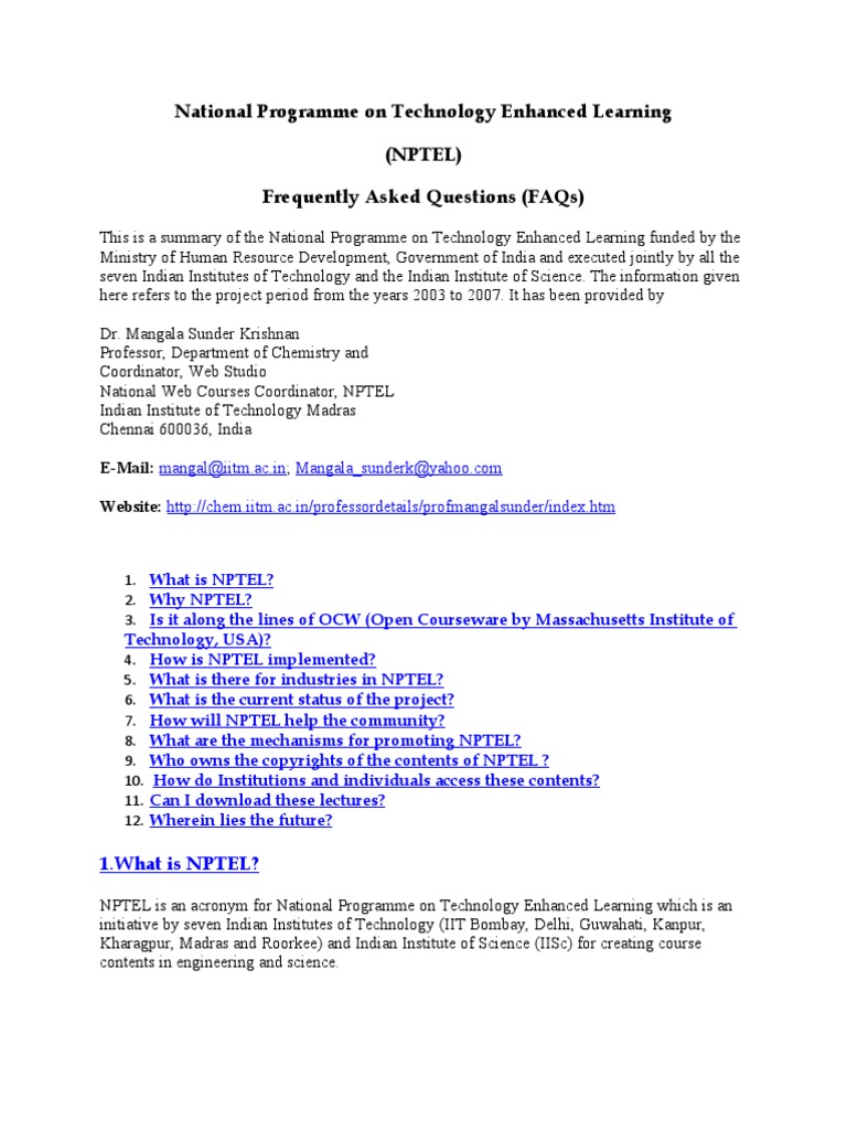 National Programme On Technology Enhanced Learning (Nptel) Frequently ...
