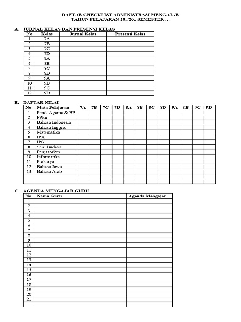 Daftar Checklist Administrasi Mengajar | PDF