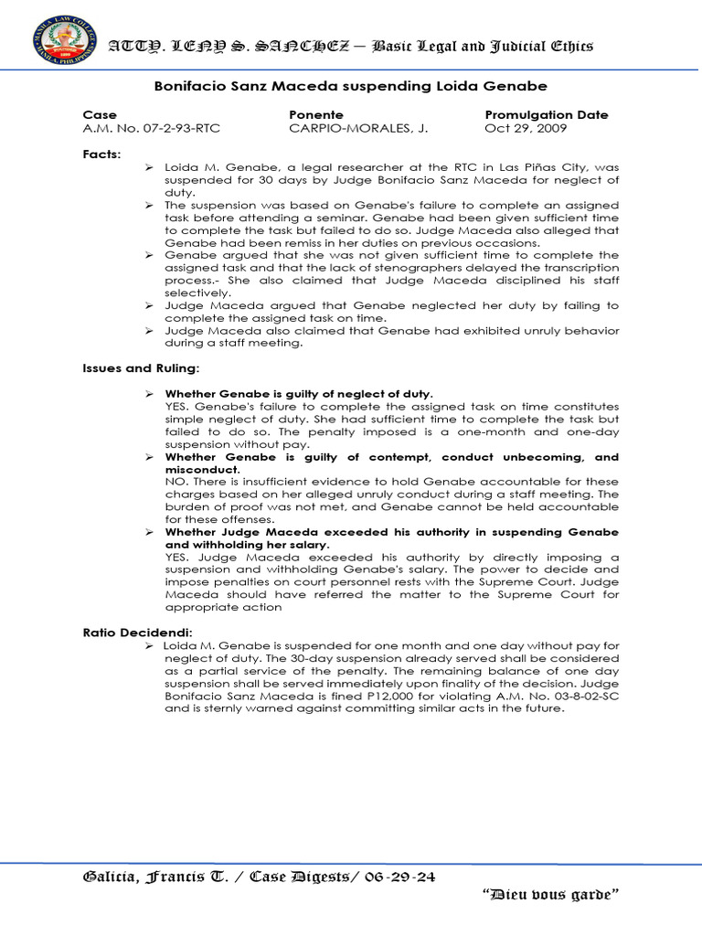 Bonifacio Sanz Maceda Suspending Loida Genabe | PDF | Judge | Burden Of Proof (Law)