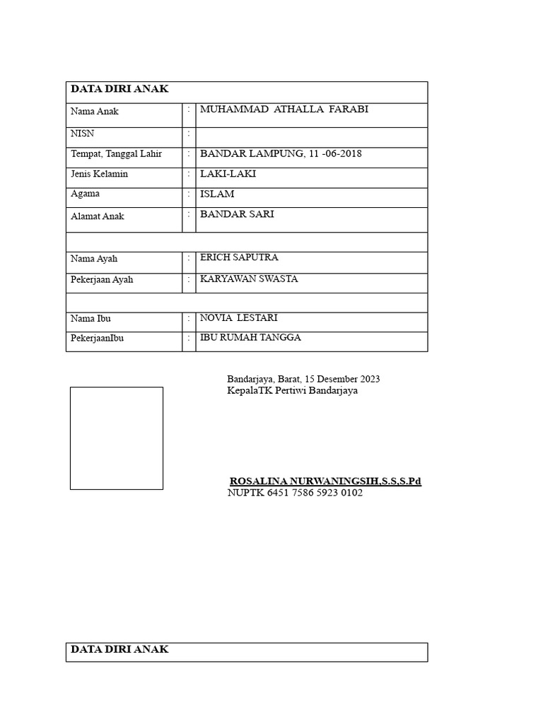Data Diri Anak TK Pertiwi Bandarjaya | PDF | Agama & Spiritualitas