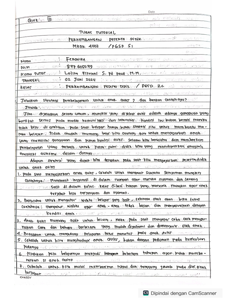 Quiz 3 Perkembangan Peserta Didik Feronika 877605079 | PDF