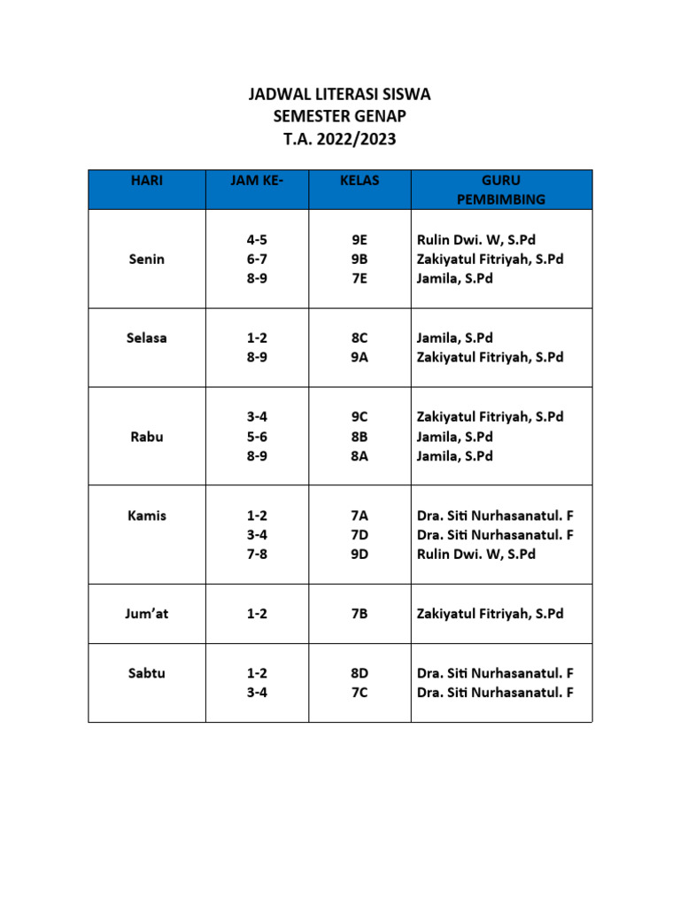 Jadwal Literasi Siswa | PDF