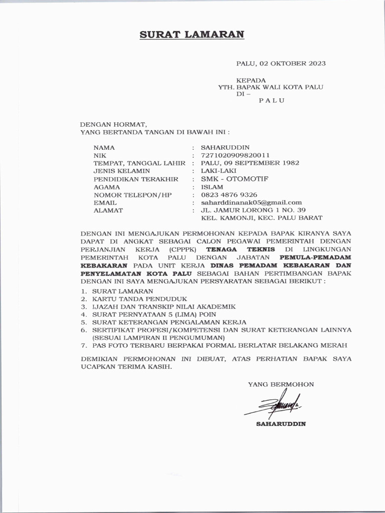 Surat Lamaran Sahar | PDF