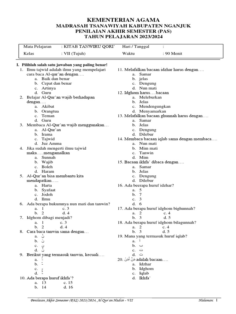 Naskah Soal Tanwirul Qori' | PDF