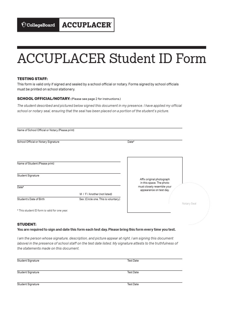 ACCUPLACER Student ID Form Instructions | PDF | Notary Public | Seal ...