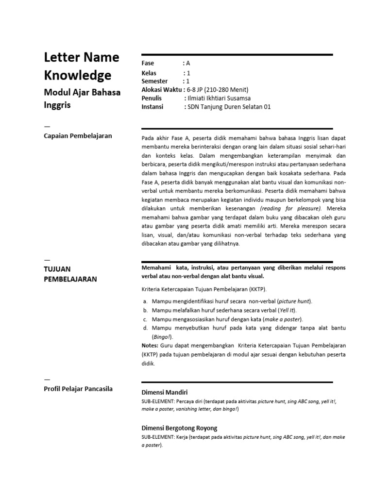 Modul Ajar Bahasa Inggris - Letter Name Knowledge - Fase A | PDF | Seni & Disiplin Bahasa