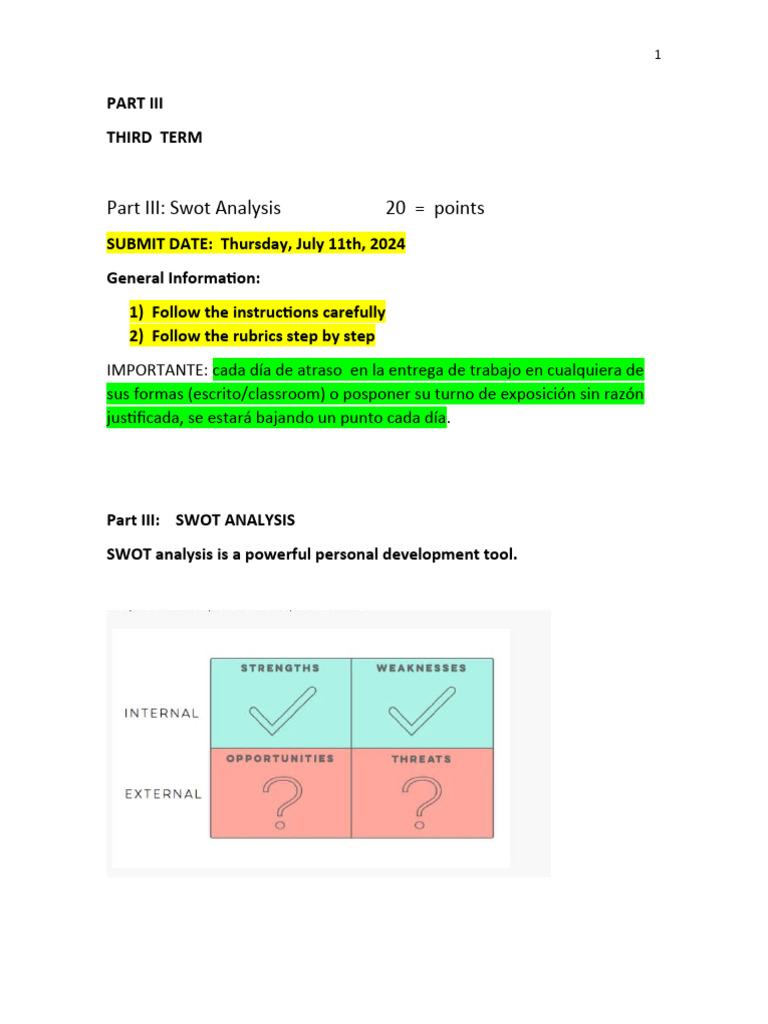 2024 Part III Swot Analysis | PDF | Swot Analysis | Rubric (Academic)