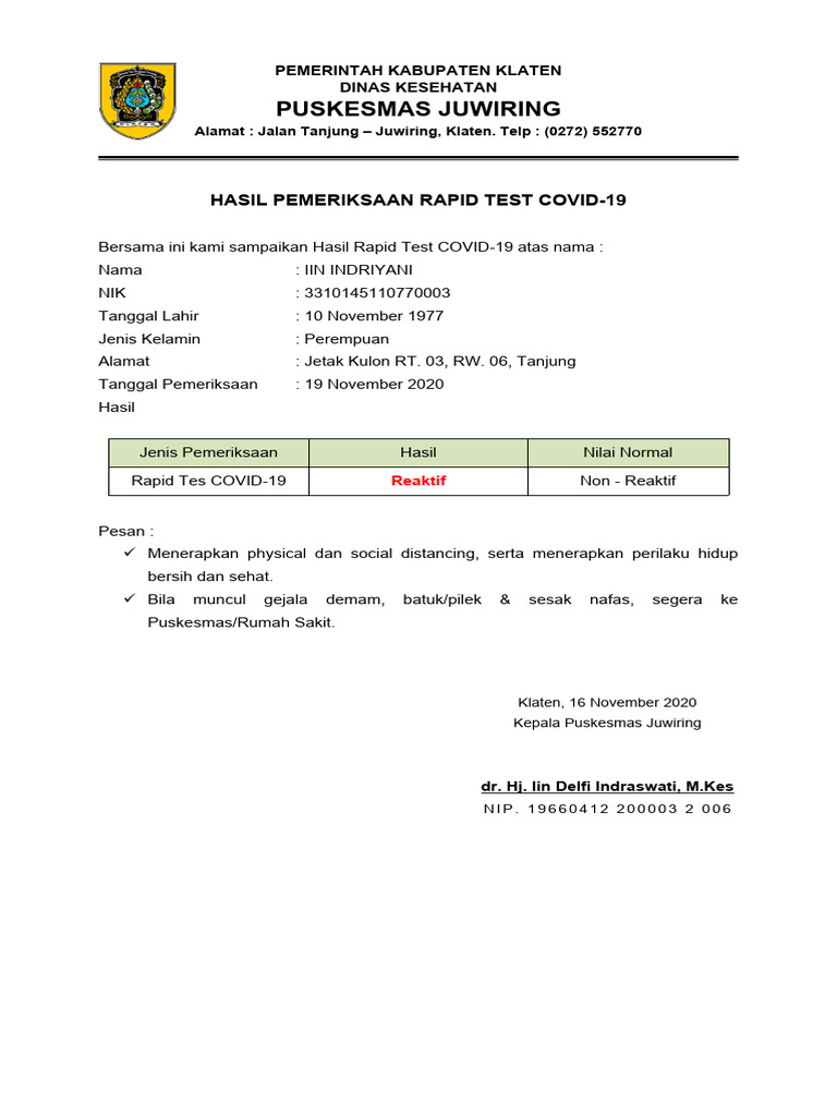 Surat Hasil Test Rapid | PDF