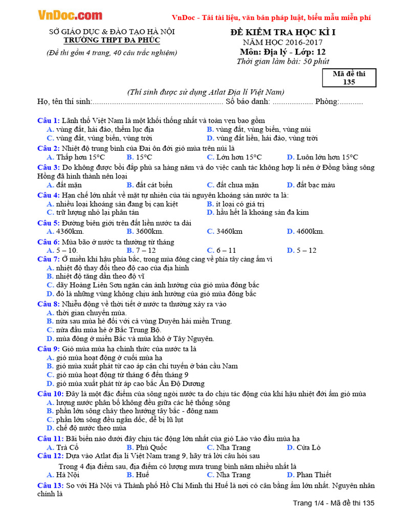 De Thi hk1 Mon Dia Ly Lop 12 Truong THPT Da Phuc Ha Noi Nam 2016 2017 | PDF