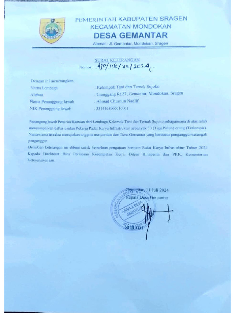 Surat Keterangan Sujoko Lurah | PDF