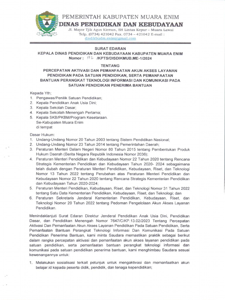 Surat Edaran Percepatan aktivasi dan Pemanfaatan Akun Akses Layanan Pendidikan Pada Satuan ...