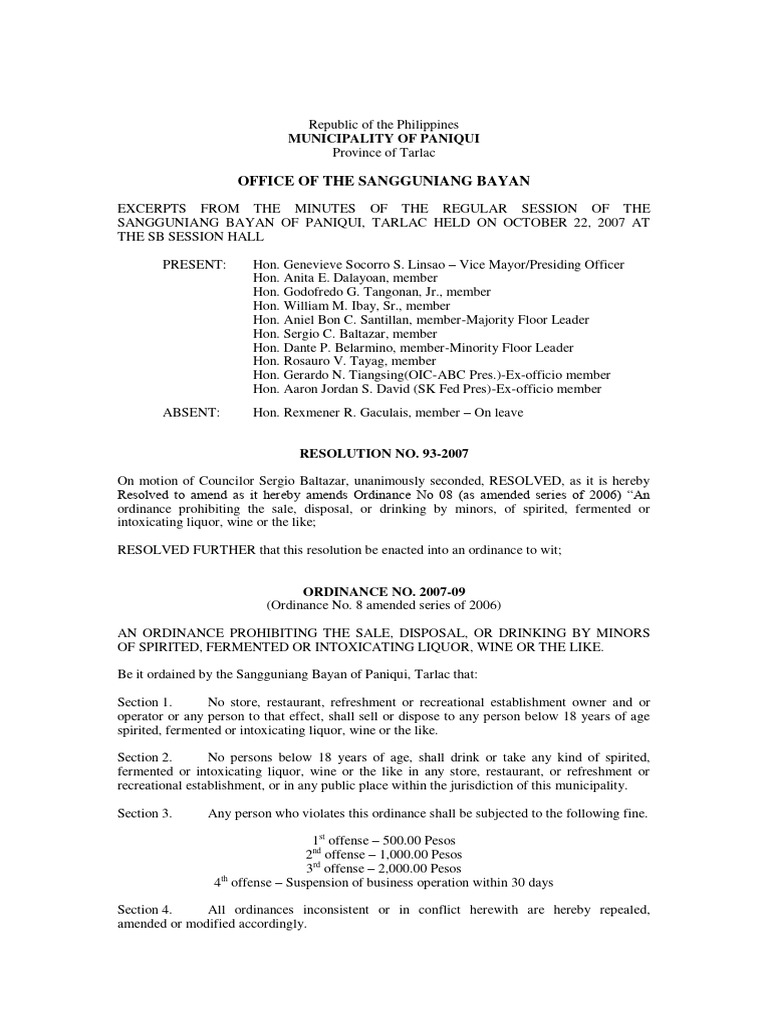 ORDINANCE No. 2007 09 Prohibiting The Drinking of Minors Ameding Ord 8 ... ORDINANCE No. 2007 09 Prohibiting The Drinking of Minors Ameding Ord 8 ...
