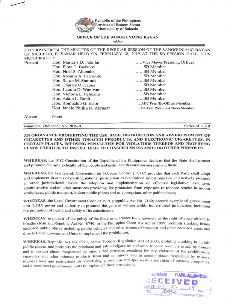 Municipal Ordinance 2019 01 Prohibiting The Use Sale Distribution of ...