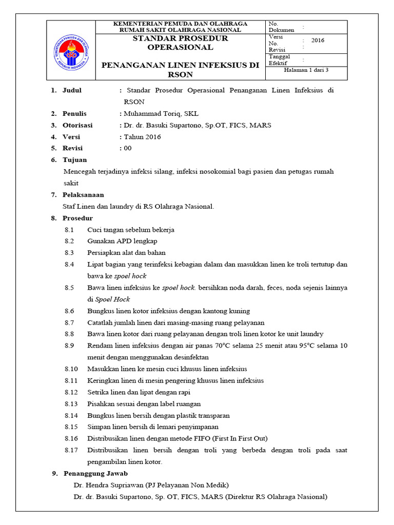 Sop Penanganan Linen Infeksius Rson | PDF
